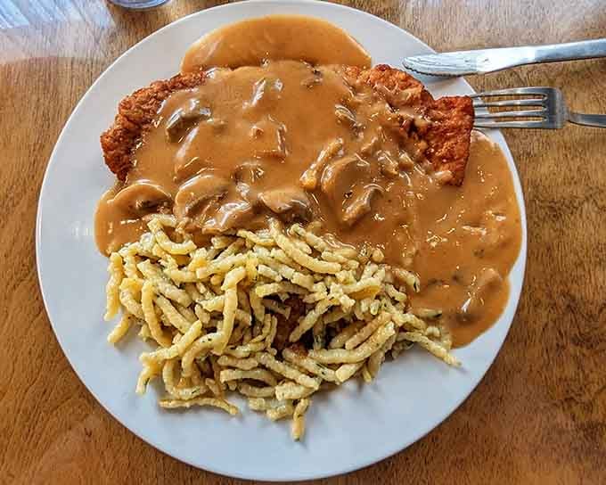 That mushroom gravy cascading over breaded schnitzel could convince vegetarians to reconsider their life choices, just temporarily though.