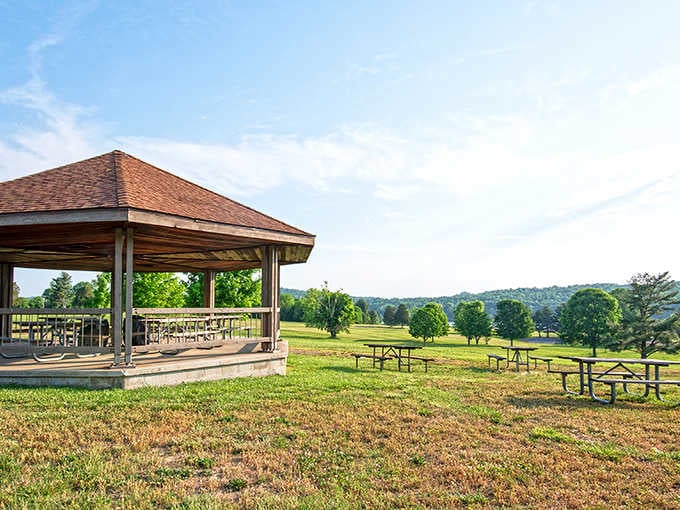 The pavilion overlooks rolling hills and open space, ideal for gatherings where the view does half the entertaining.