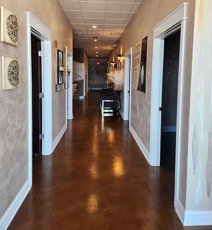 Clean hallways at Royal Salt Cave & Spa lead to various treatment rooms like a choose-your-own-adventure book for stressed-out adults seeking relief.