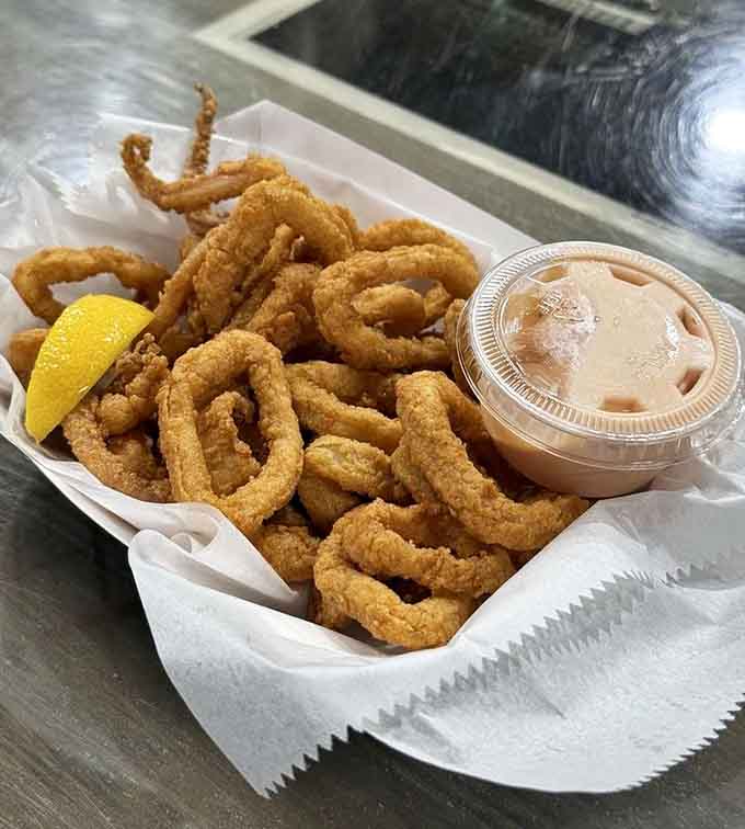 Calamari rings fried to that perfect golden shade that makes you reach for another before you've finished chewing the first.