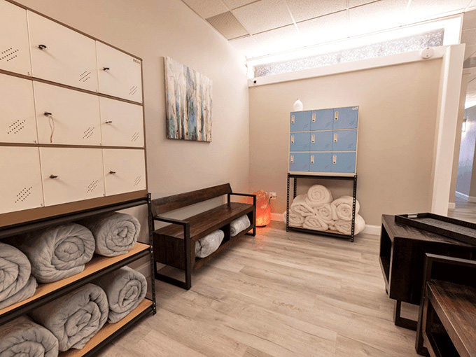The locker area provides a clean, organized space to stash your belongings before entering relaxation mode completely.