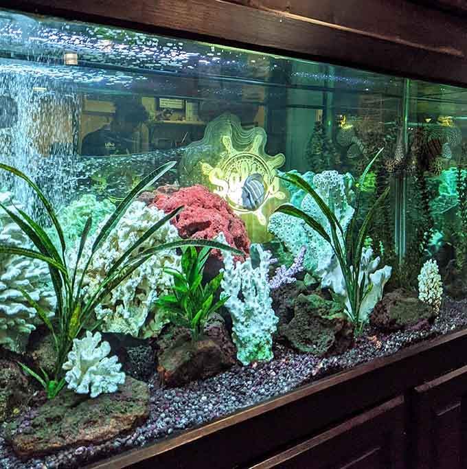 An aquarium brings actual marine life into the restaurant, completing the underwater fantasy with swimming fish companions.