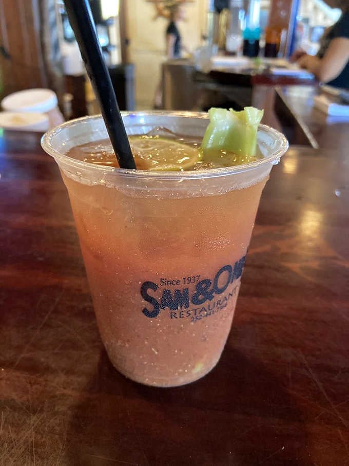 Refreshing beverage with a celery garnish in a Sam & Omie's cup, because hydration should always taste this good.