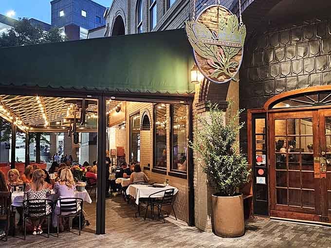 The outdoor patio lets you enjoy Greenville's pleasant evenings while savoring Southern cuisine under the stars and string lights.