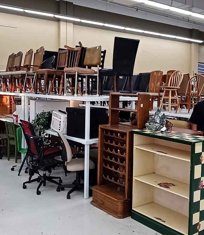 Furniture stacks high like a game of Tetris played by someone who actually knows what they're doing.