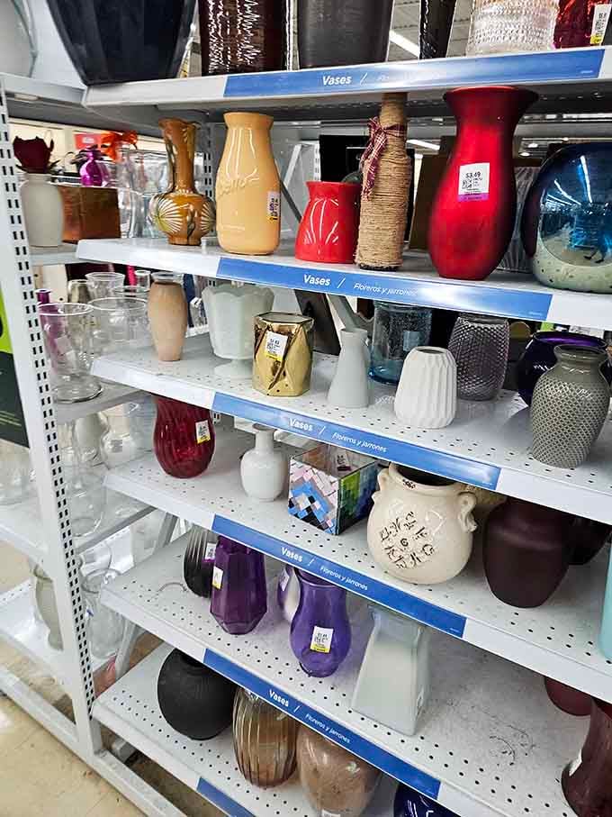 Vases in every shape and hue, turning someone's donation into your next dinner table centerpiece.