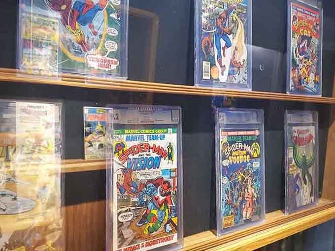Vintage comics displayed like the treasures they are, creating a museum experience that happens to serve lunch.