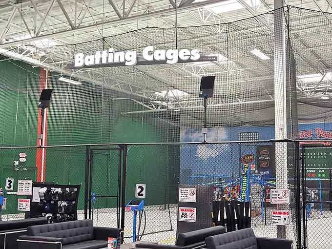Batting cages stand ready for aspiring sluggers to channel their inner Sandlot heroes, minus the actual baseball retrieval.