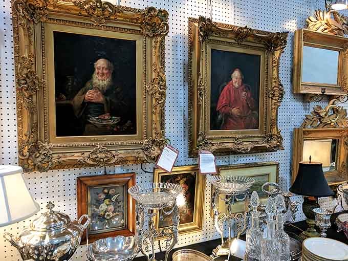 Oil paintings of serious-looking folks who never smiled for portraits, surrounded by silver that actually needs polishing.