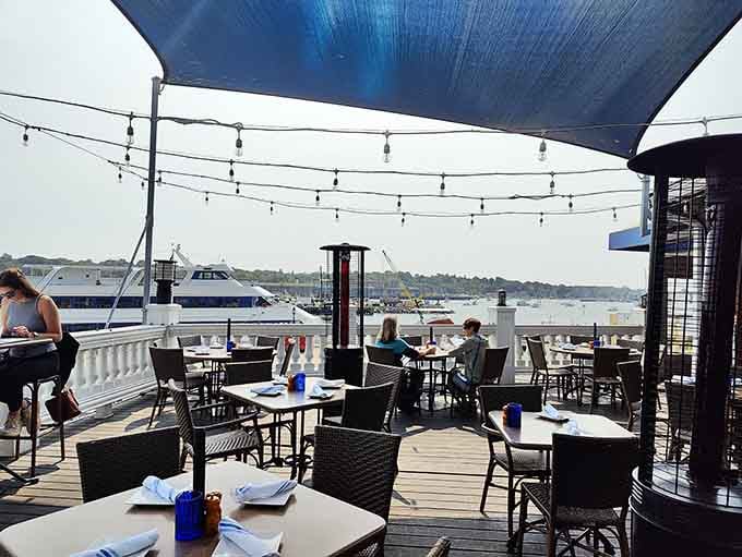Outdoor deck seating lets you dine practically on the water while boats drift by and seagulls provide the soundtrack.