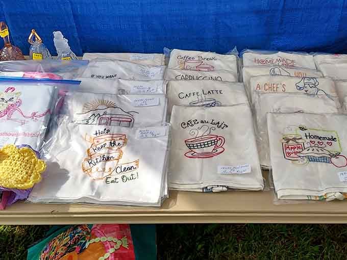 Embroidered dish towels with coffee-themed humor, because your kitchen deserves personality beyond stainless steel appliances and granite.