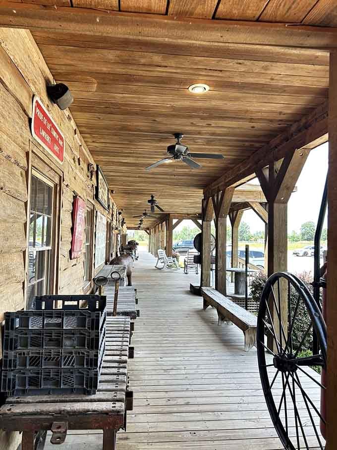 The front porch with rocking chairs invites you to sit a spell before or after your feast.