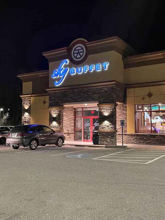 The illuminated sign beckons like a beacon for hungry travelers seeking an unforgettable all-you-can-eat Asian feast.