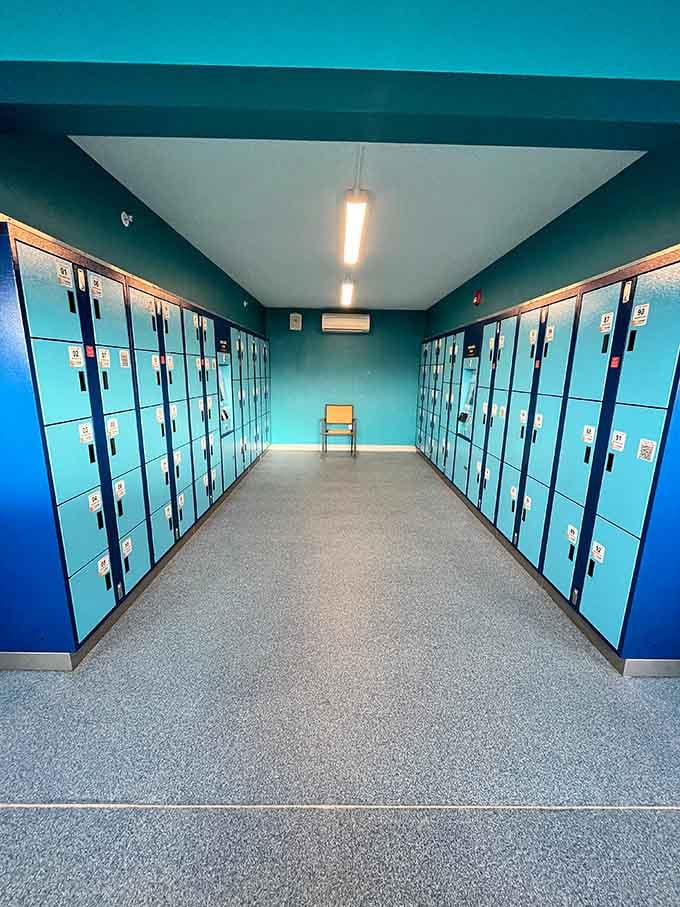 Rows of lockers stand ready to protect your dry clothes from the inevitable splash zone that extends everywhere.
