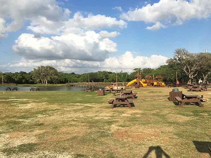 Picnic tables positioned perfectly for watching kids exhaust themselves while you sit there sipping something cold.