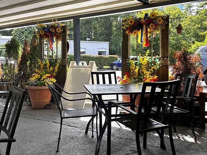 Outdoor dining surrounded by flowers and fresh air turns a good meal into an absolutely perfect dining experience.