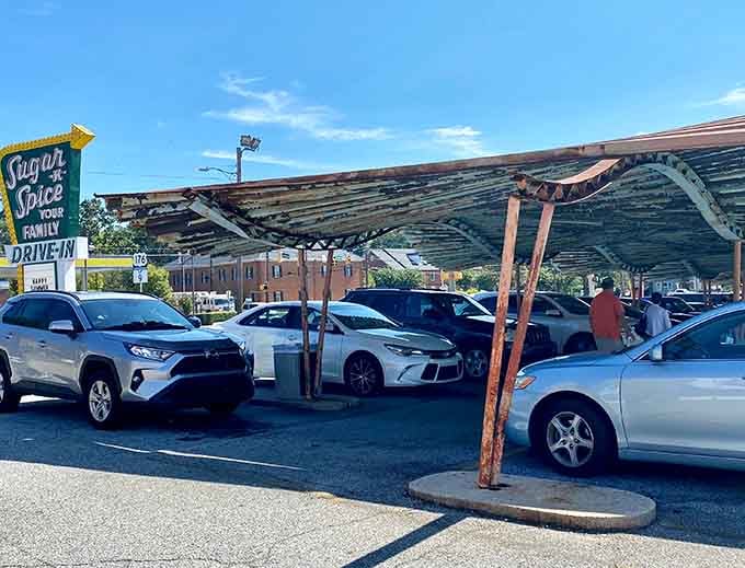 Cars lined up under that vintage canopy look like a scene from American Graffiti, minus the drag racing.