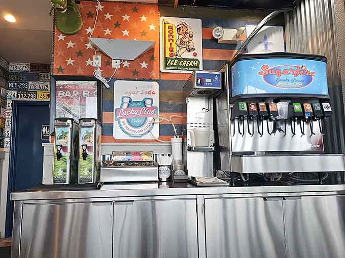 The self-serve drink station with all those sauce bottles means you're in complete control of your flavor destiny.