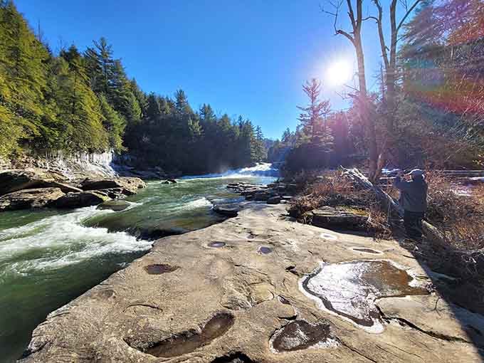 Winter sun illuminates the river's rapids, creating a scene worthy of every camera phone in Maryland.
