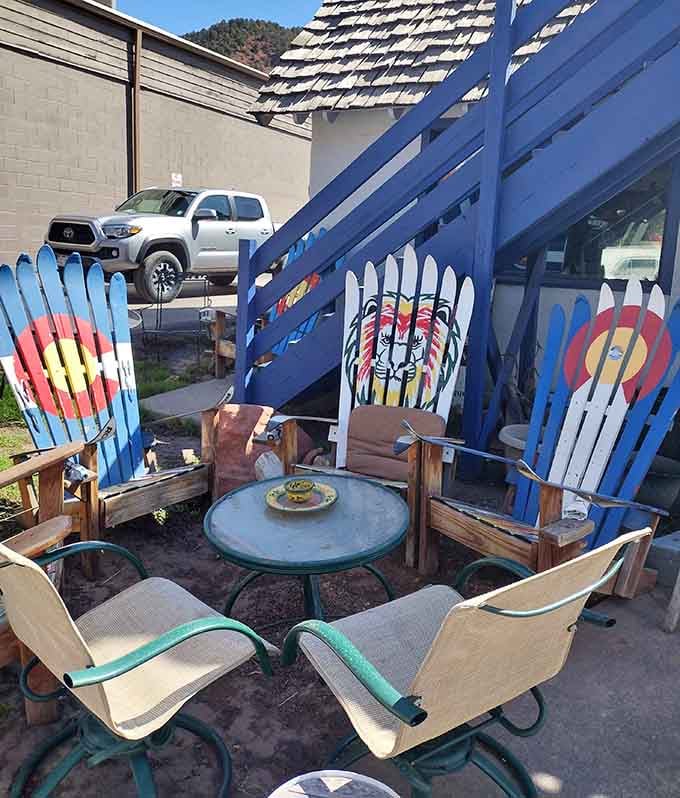 Colorado flag chairs under mountain views make this the most patriotic place to enjoy your morning sugar.