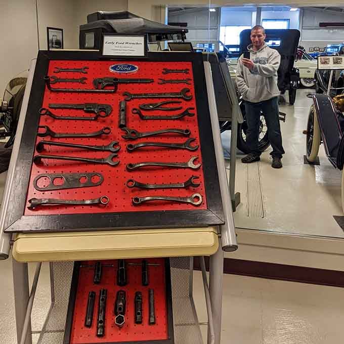Vintage Ford wrenches displayed like museum artifacts, because even the tools deserve respect and proper presentation here.