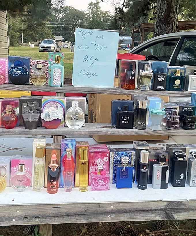 Perfume bottles lined up like soldiers, offering affordable luxury and the chance to smell fancy without breaking the bank.