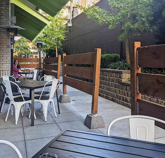 The patio offers fresh air and natural light, perfect for Instagram photos before the food coma hits you hard.