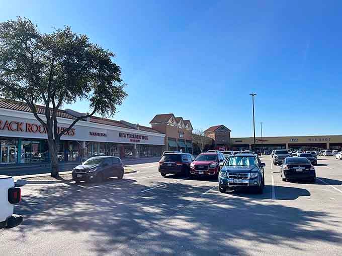The parking lot stretches wide under Texas skies, a necessary evil before the retail therapy that awaits just steps away inside.