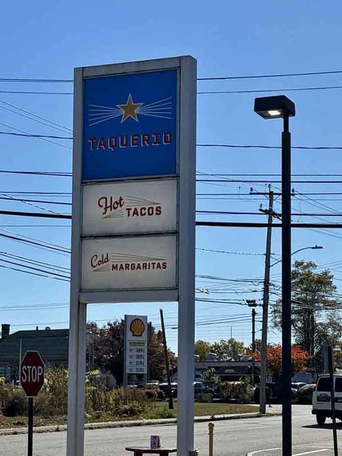 The towering sign promises hot tacos and cold margaritas, which is really all any reasonable person needs.