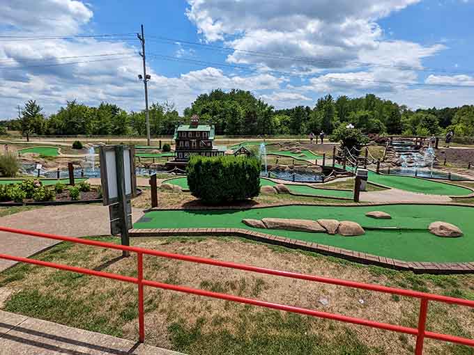 Bogey's miniature golf course sprawls under Indiana sunshine, perfect for leisurely afternoons with family or friendly competition.