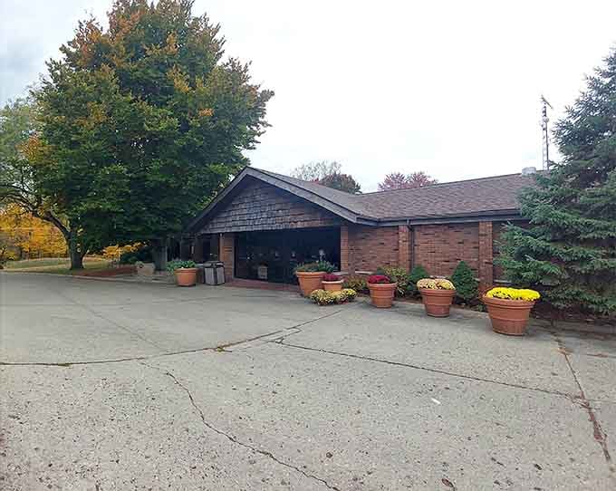 Seasonal flowers in terracotta pots and mature trees frame an entrance that promises good things await inside.