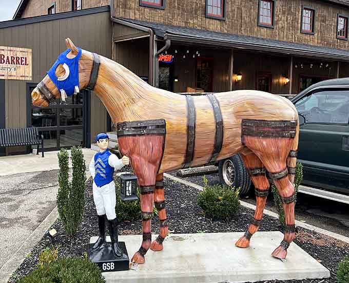A bourbon barrel horse statue out front - whimsical Kentucky pride that makes you smile before you even walk inside.