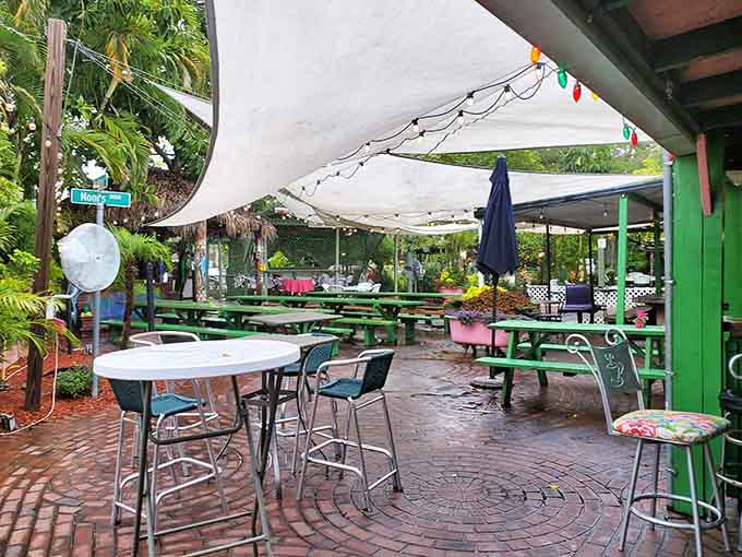 Outdoor seating under awnings and surrounded by greenery makes you forget you're dining in a residential neighborhood completely.