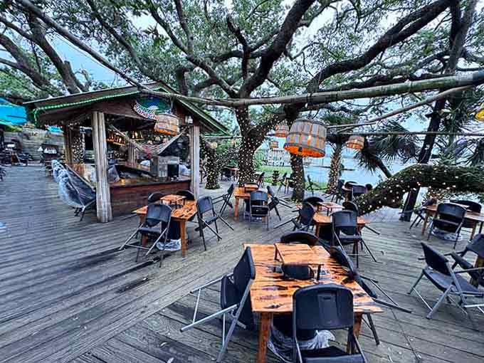 Outdoor seating under ancient oaks where marsh views come standard with every single delicious bite.