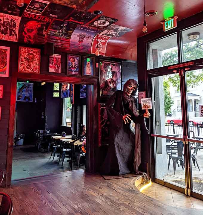 A life-sized ghoul greets visitors at the door, setting expectations perfectly for the wonderfully weird world awaiting inside.