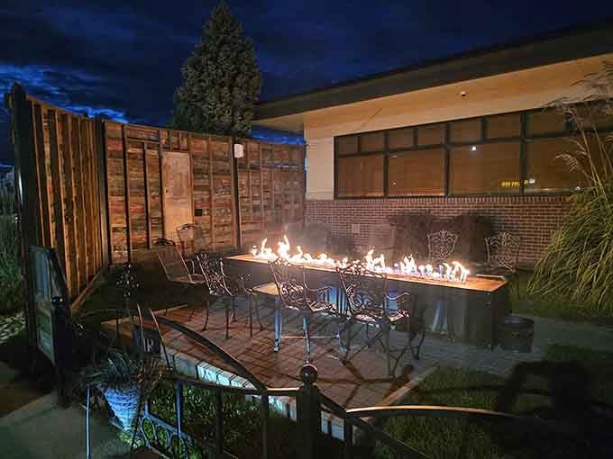 Fire tables on the patio turn dinner into an evening experience worth planning your whole day around.