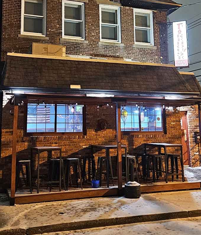 The outdoor patio seating lets you enjoy your meal while watching the world go by on a pleasant evening.