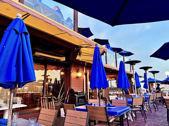 The outdoor patio with blue umbrellas offers waterfront dining where the view competes admirably with your plate for attention.