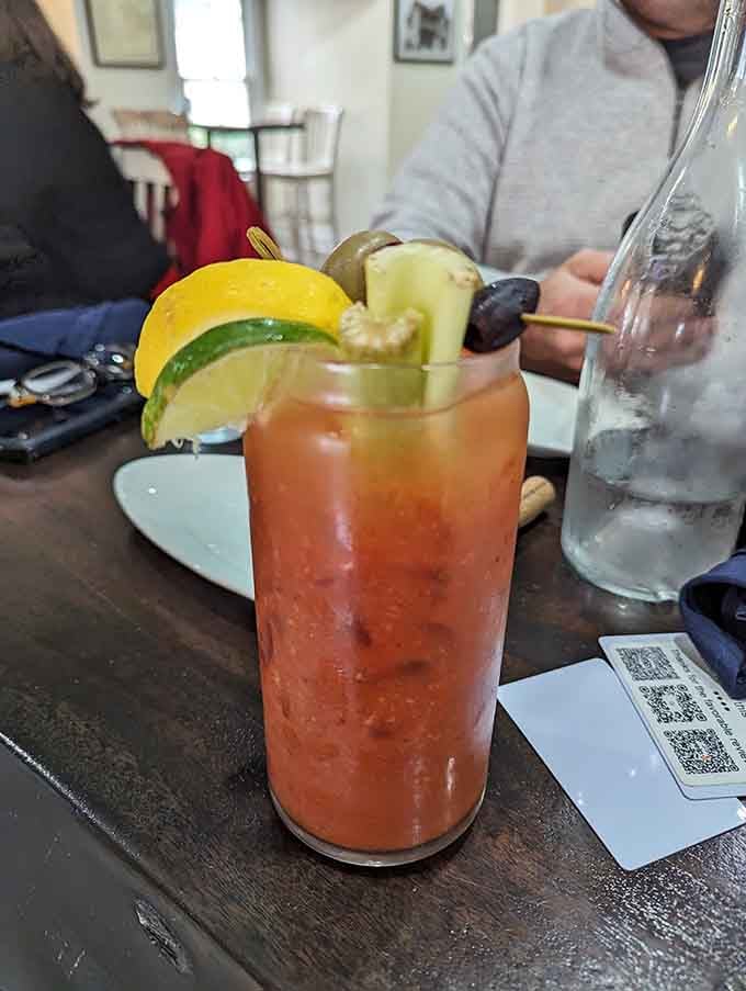 That Bloody Mary garnish game is strong enough to qualify as both drink and appetizer in one impressive glass.