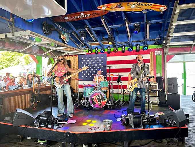 Live music on the deck transforms a great meal into an unforgettable afternoon of food, tunes, and waterfront magic.