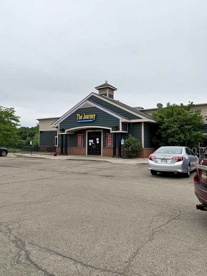 The exterior shot reveals ample parking, which you'll appreciate after eating enough to require assistance walking.