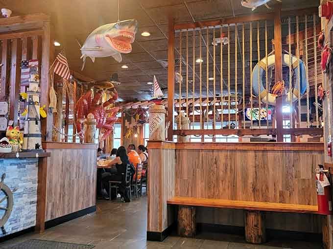 Even the waiting area embraces the maritime theme, making your pre-meal anticipation part of the overall delightful experience here.