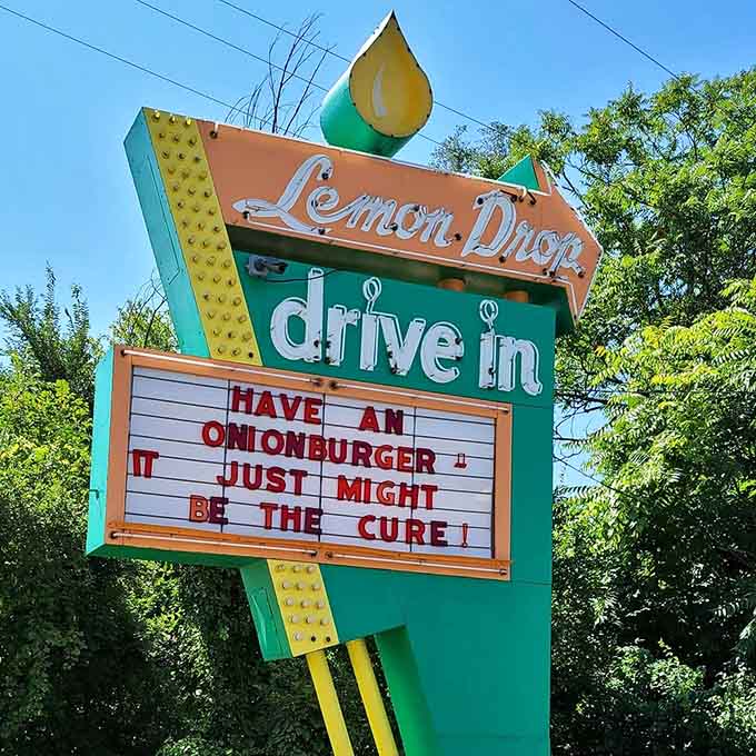 A vintage sign with a sense of humor, because even the onionburger knows it might just be the cure.