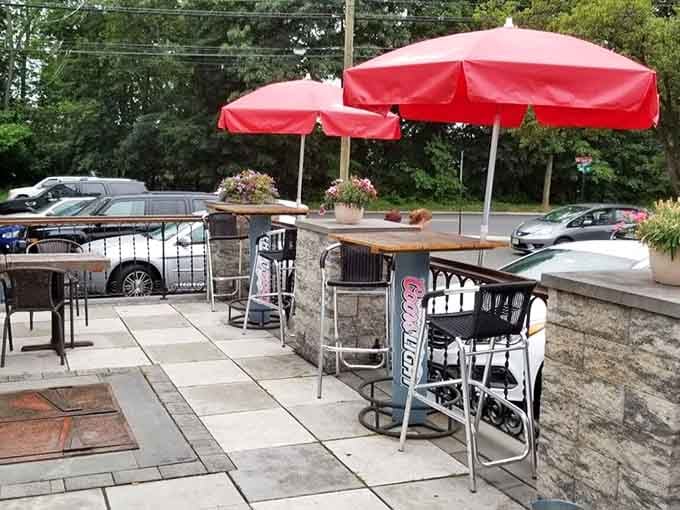 Outdoor seating with bright umbrellas lets you enjoy your meal al fresco on those perfect New Jersey days.
