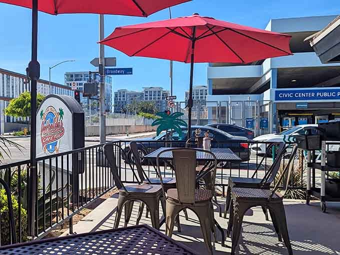 Patio dining where you can contemplate your massive breakfast order while watching downtown Long Beach stroll by.