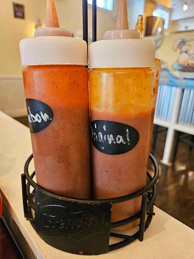 House-made sauces waiting to enhance your meal, each one crafted to complement rather than overpower the smoke.