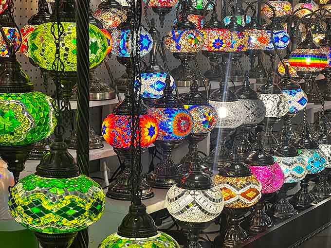 Turkish mosaic lamps glow like a sultan's treasure room, transforming ordinary lighting into extraordinary conversation pieces.