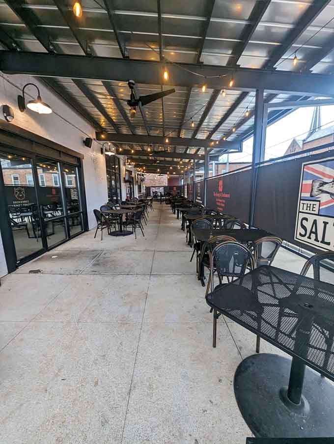 The covered patio offers outdoor seating for those who want fresh air with their fish and chips experience.