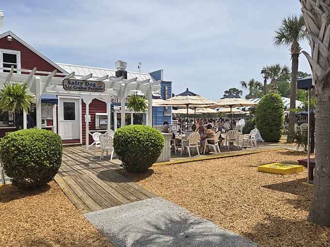 Outdoor seating area where palm trees, umbrellas, and gravel create the ultimate casual coastal dining experience.