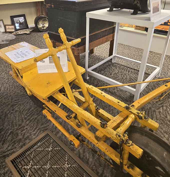 A vintage railroad velocipede, the original track inspection vehicle that required actual leg power instead of just complaining about gas prices.